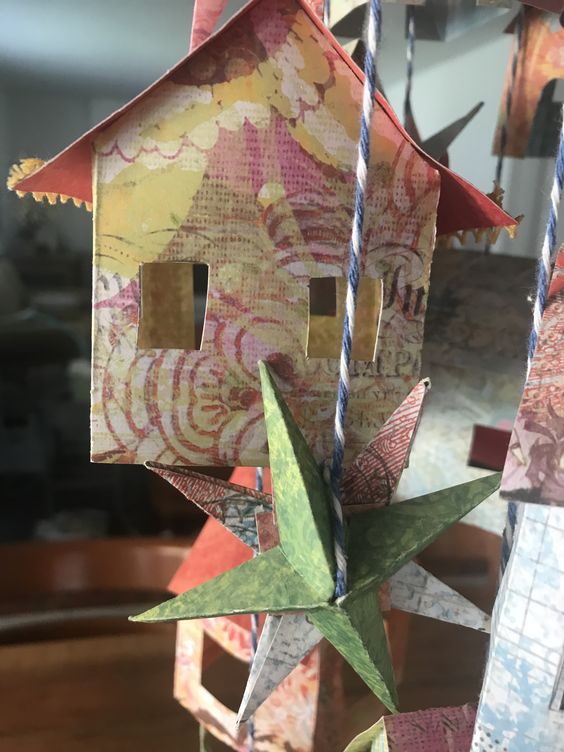 Paper house mobile made from scrapbooking paper
